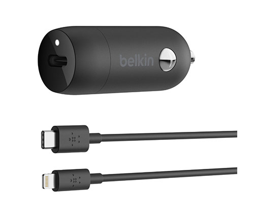 מטען לרכב Belkin הכולל חיבור USB-C הספק עד כ- 20W כולל כבל Lightning ...