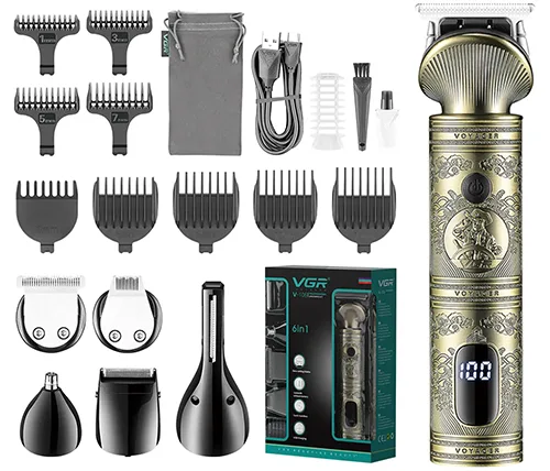 מכונת תספורת חשמלית נטענת מקצועית VGR V-106 לשיער ולעיצוב הזקן הכולל צג ...